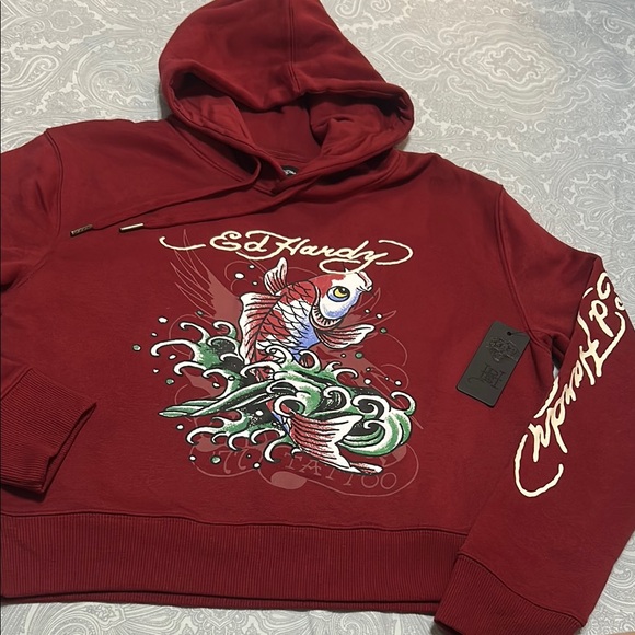 Ed Hardy | Tops | Ed Hardy Womens Graphic Hoodie Size L Wine Color Nwt ...